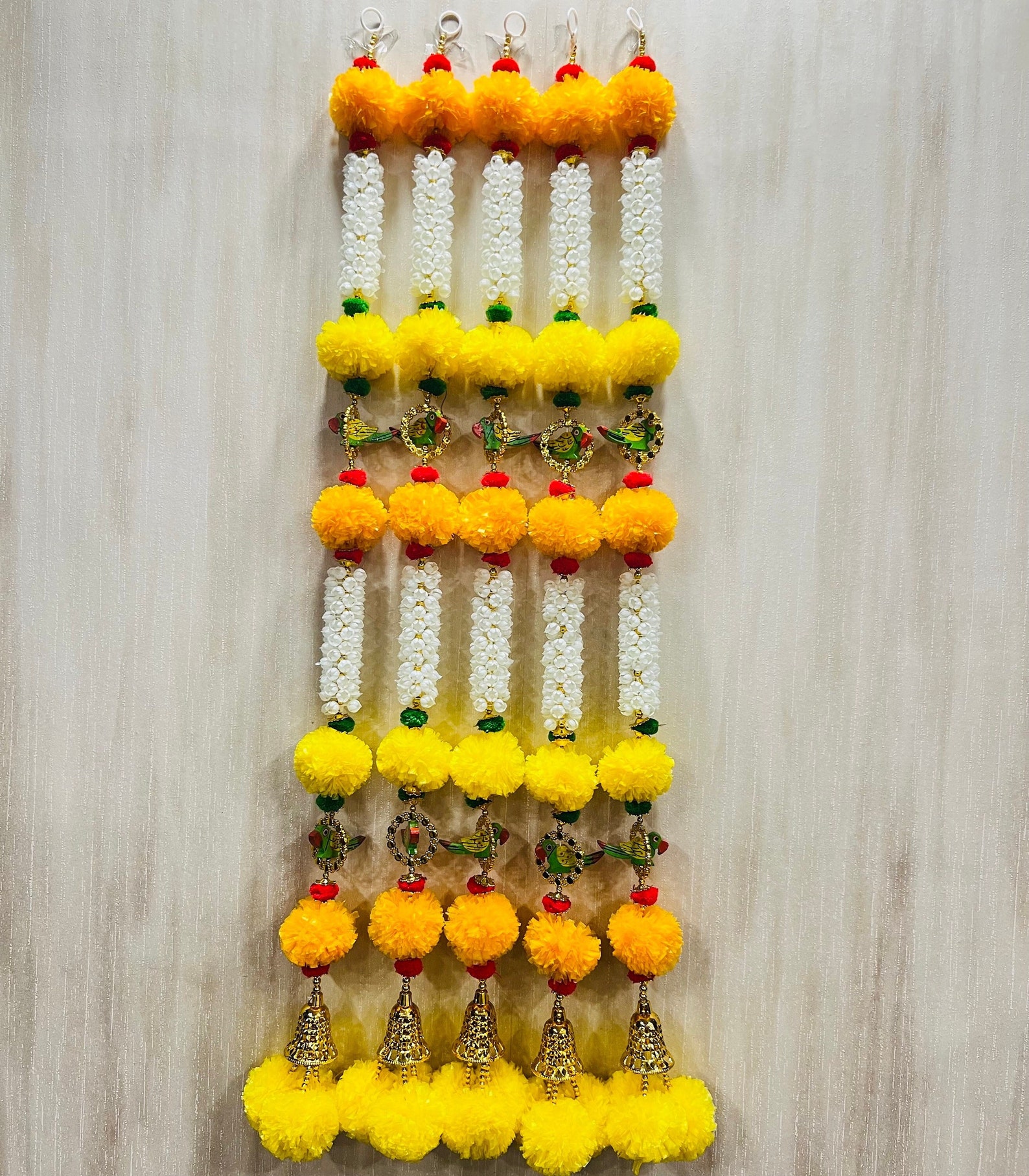 Set of 5 Pcs Artificial Marigold Fluffy Flower String With Bell and ...