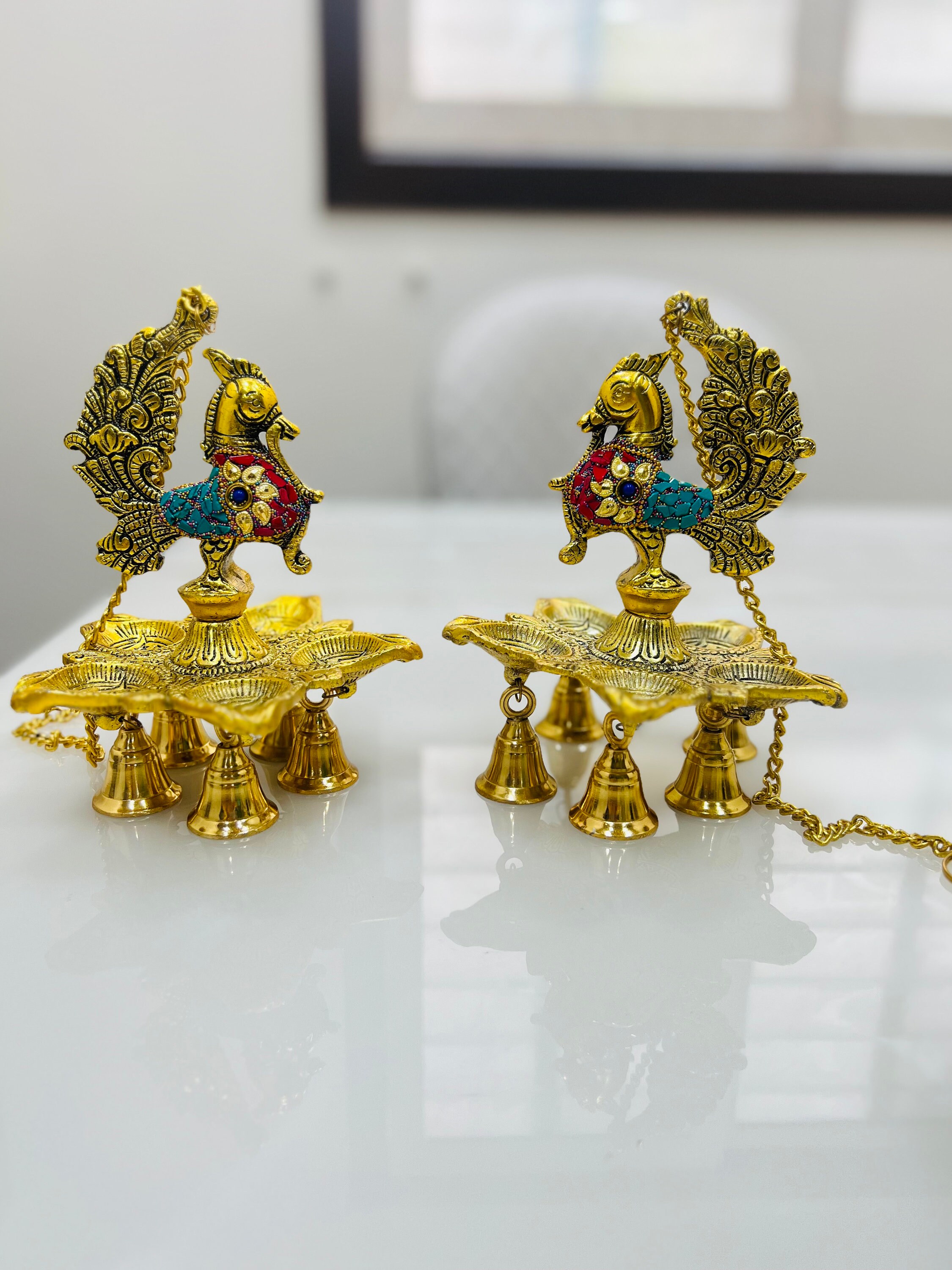 Brass Peacock Hanging Diya With Stone Work, Hanging Diya , Indian Oil ...