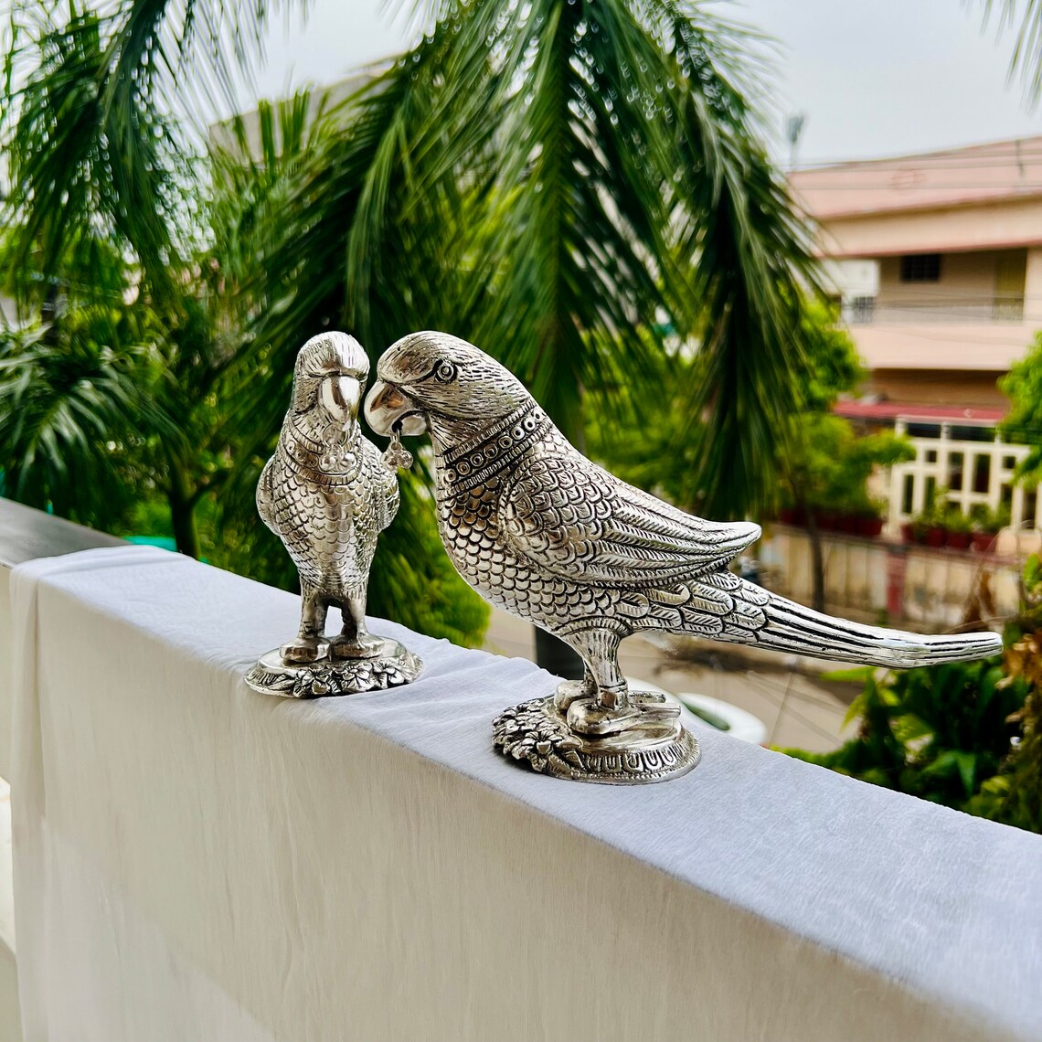 German Silver Parrot Pair: Antique Bird Statue Showpiece, Vintage Home ...