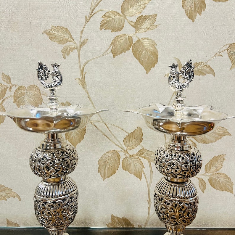 German Silver Peacock Samai, Set of 2 Samai Diya, Kutthu Vilakku Oil ...