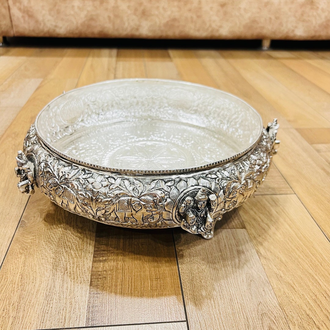 German Silver 12 Inch Laxmi Urli, Decorative Urli Bowl, Aesthetic Decor ...