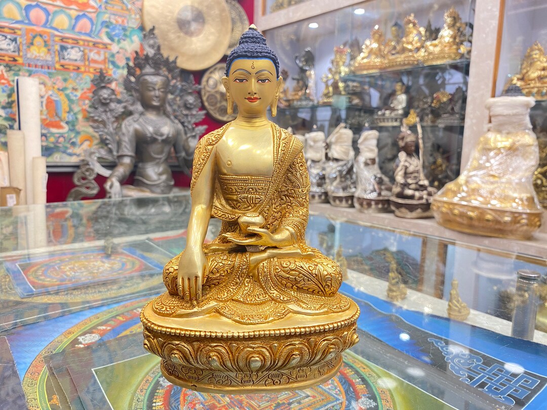 22cm, Shakyamuni Buddha Statue, Electro Gold Plated, Face Painted, Fine ...