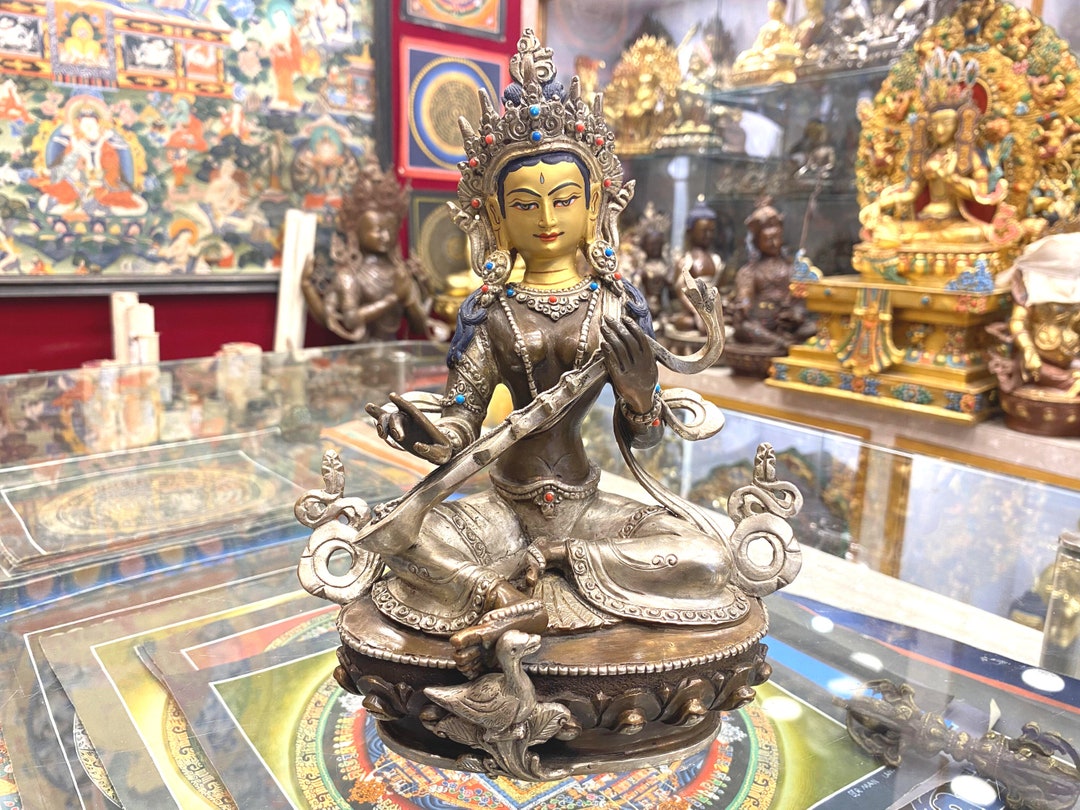22cm, Saraswati Statue, Chocolate Oxidation With Silver Plating, With ...