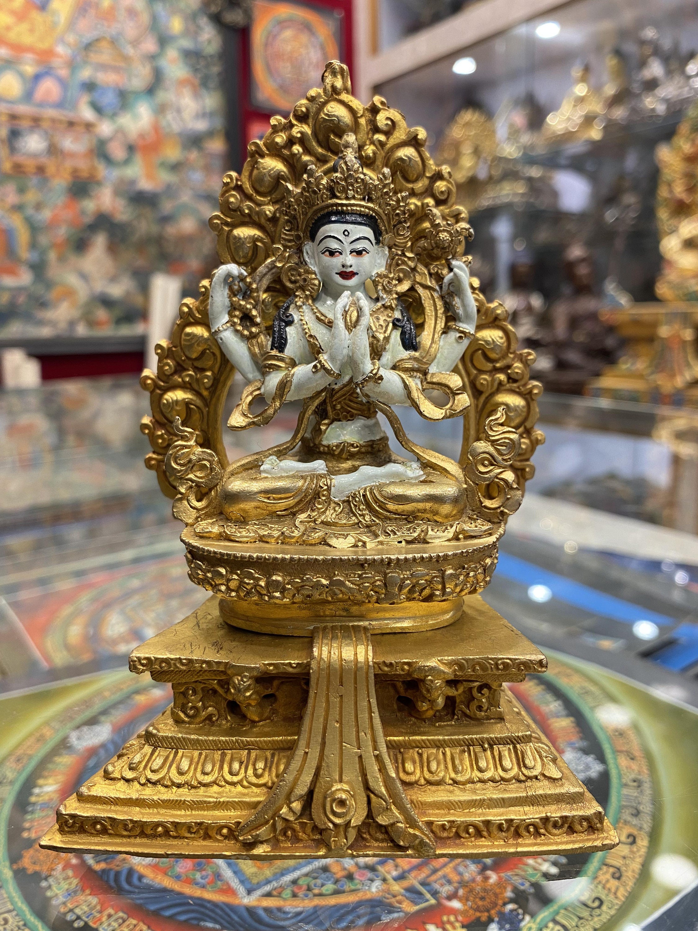 13cm Chenrezig on A Thrown With Flower Background Full Thanka - Etsy