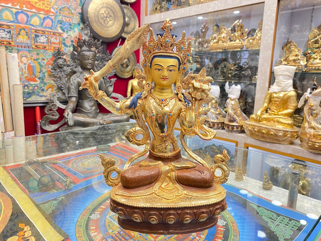 34cm, Manjushri Statue, Premium Partly Gold Plated Finish, Face Painted ...