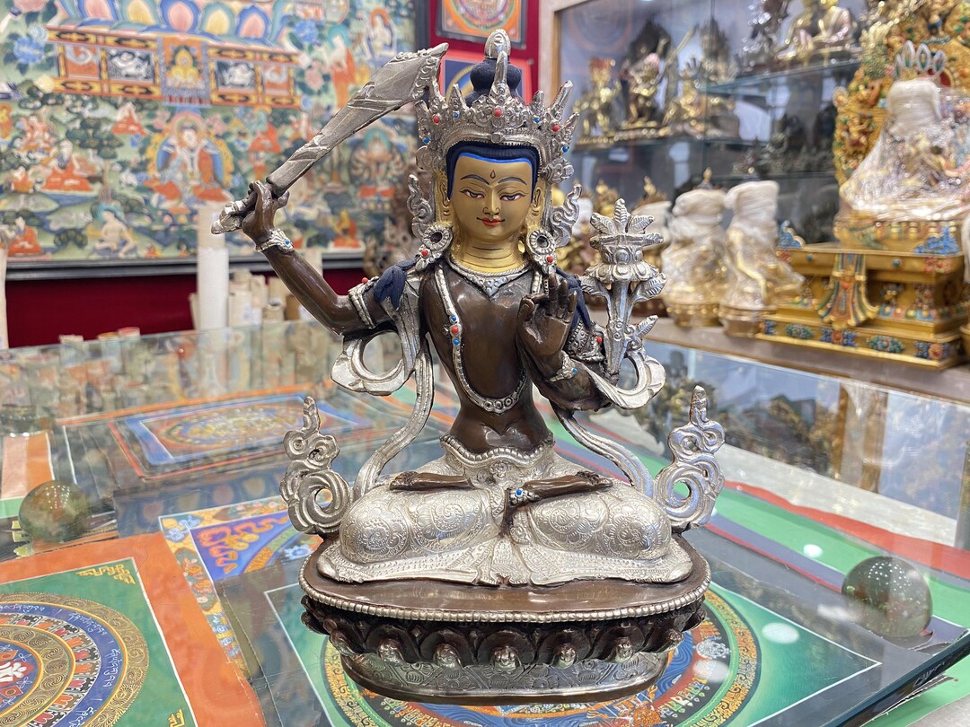 22cm, Manjushri Statue, Silver Plated, Chocolate Oxidized, Face Painted ...