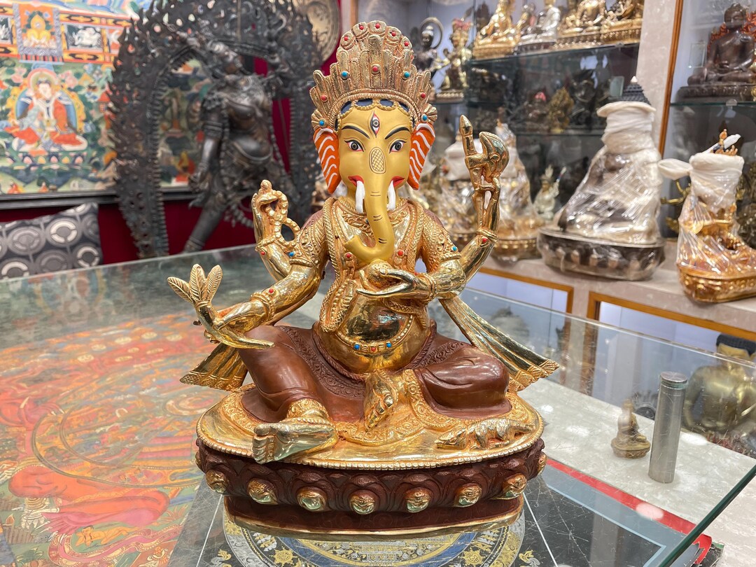 29cm, Ganesh Statue, Partly Fire Gold Plated, Face Painted, Stones Set ...