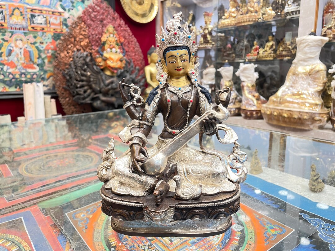 22cm, Saraswati Statue, Chocolate Oxidation With Silver Plating, With ...