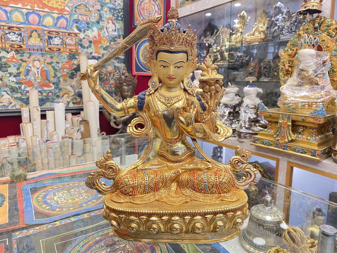34cm,manjushri Statue, Full Fire Gold Plated, Face Painted, Stone ...
