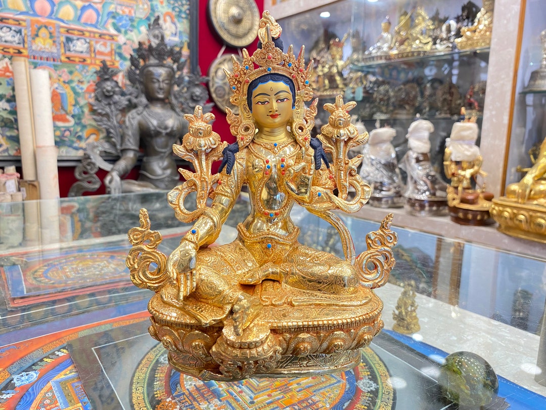 23cm, Green Tara Statue, Full Fire Gold Plated, Face Painted ...