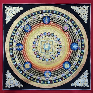50x50cm, Thangka Painting of Ashtamangala Mandala, Yellow Based Color ...
