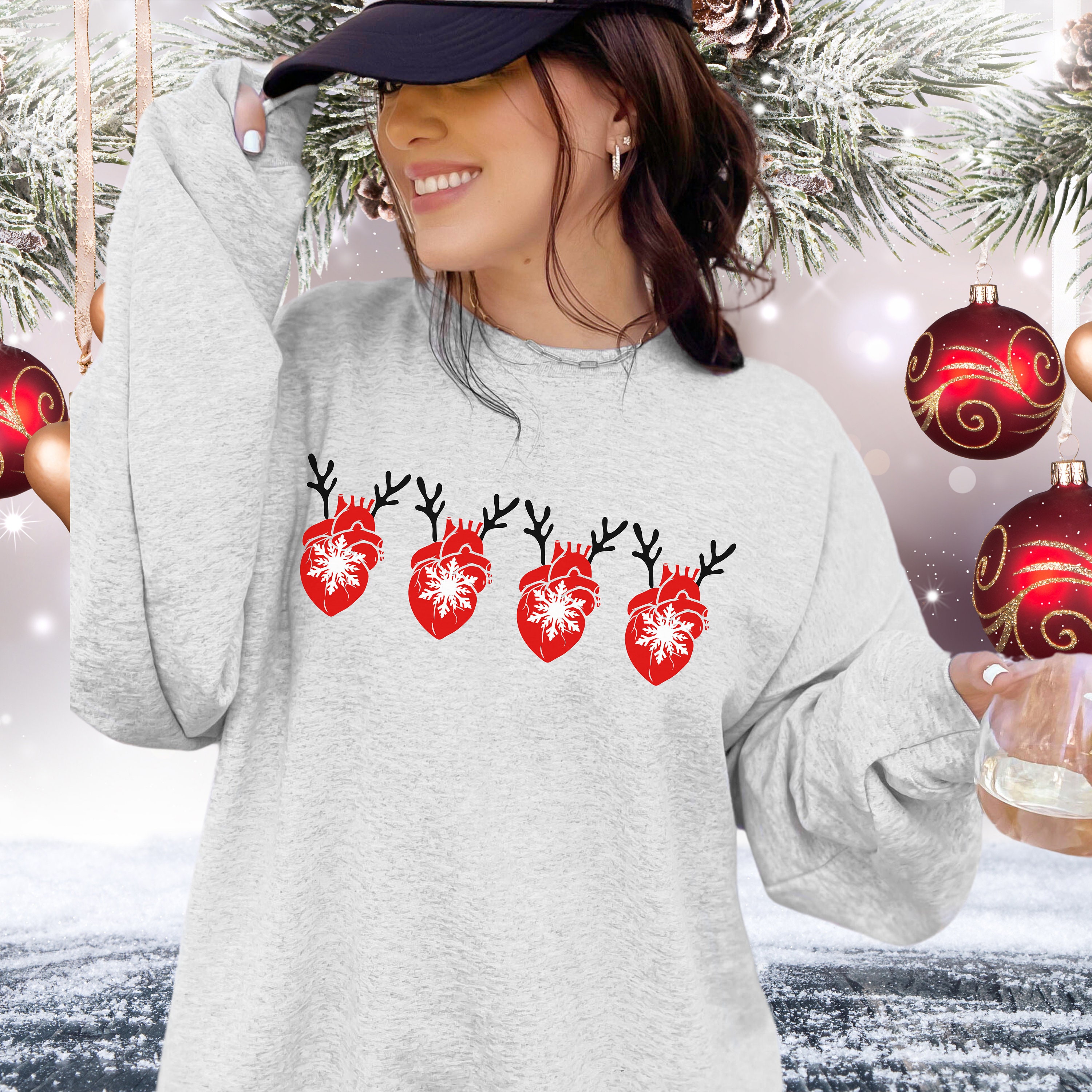 Christmas Nurse Sweatshirt Cardiac Crew Crewneck Antlers Heart Anatomy ...