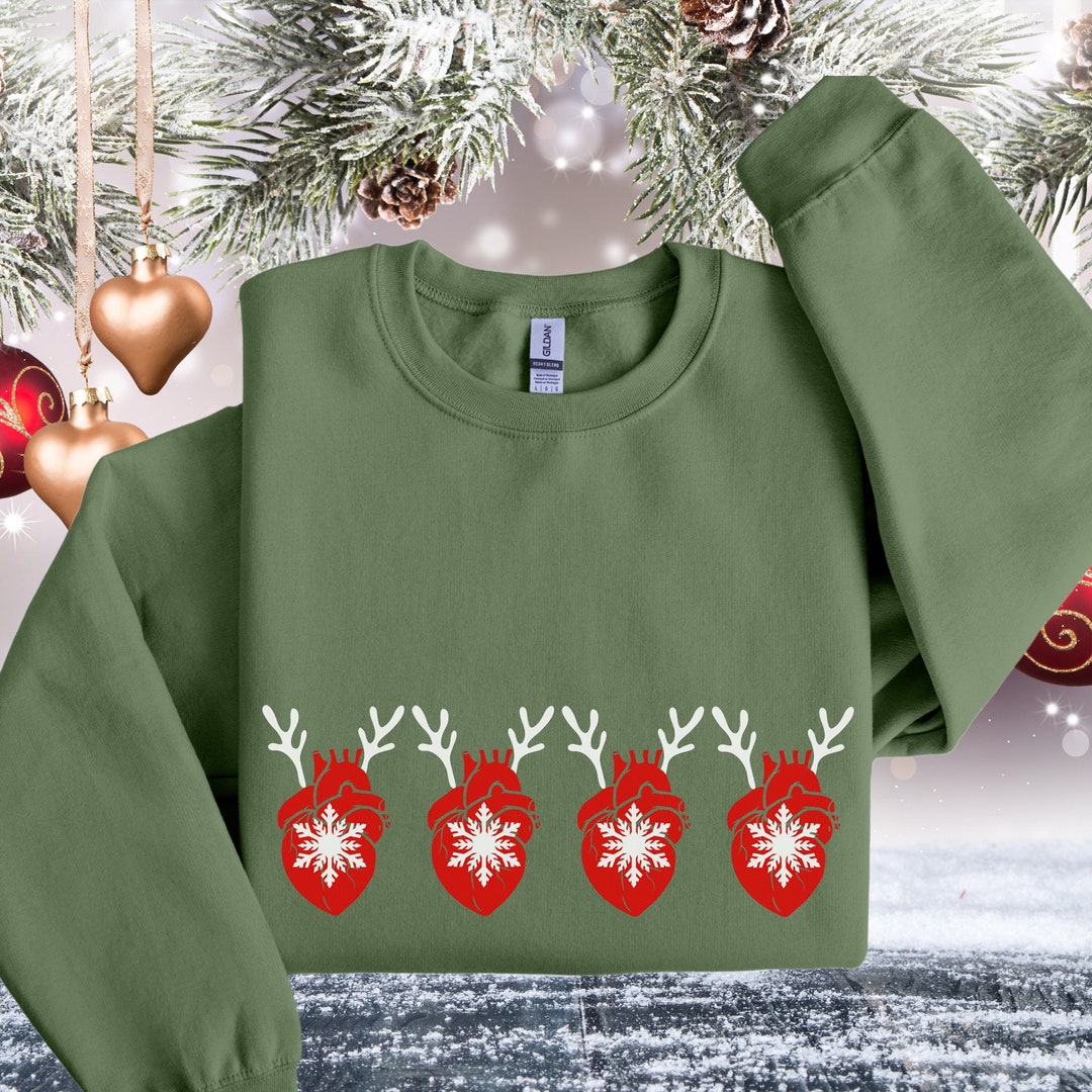 Christmas Nurse Sweatshirt Cardiac Crew Crewneck Antlers Heart Anatomy ...