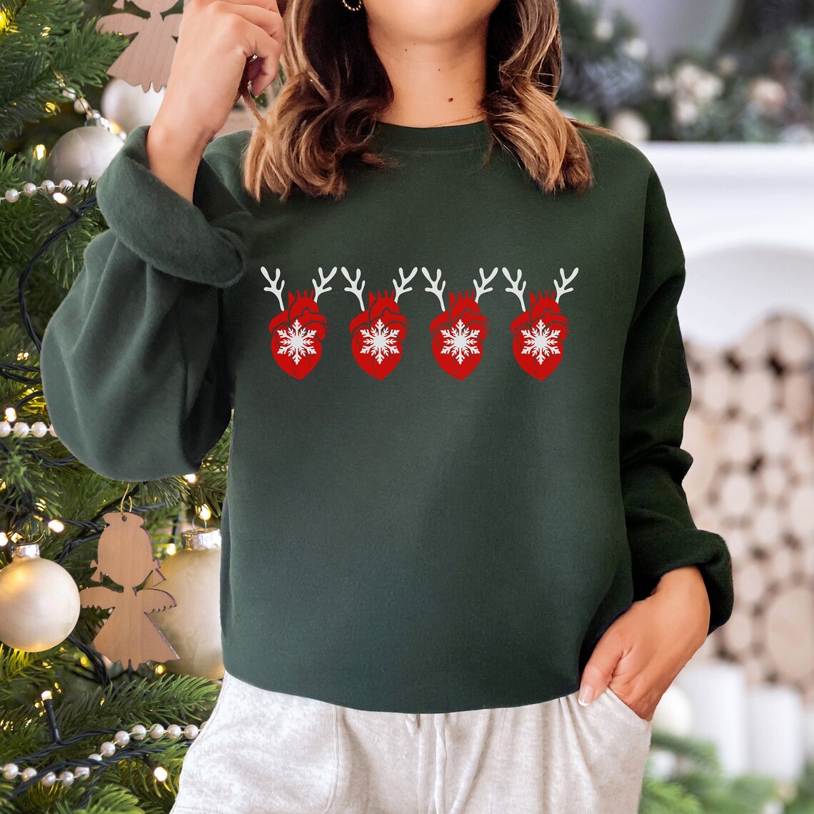 Christmas Nurse Sweatshirt Cardiac Crew Crewneck Antlers Heart Anatomy ...
