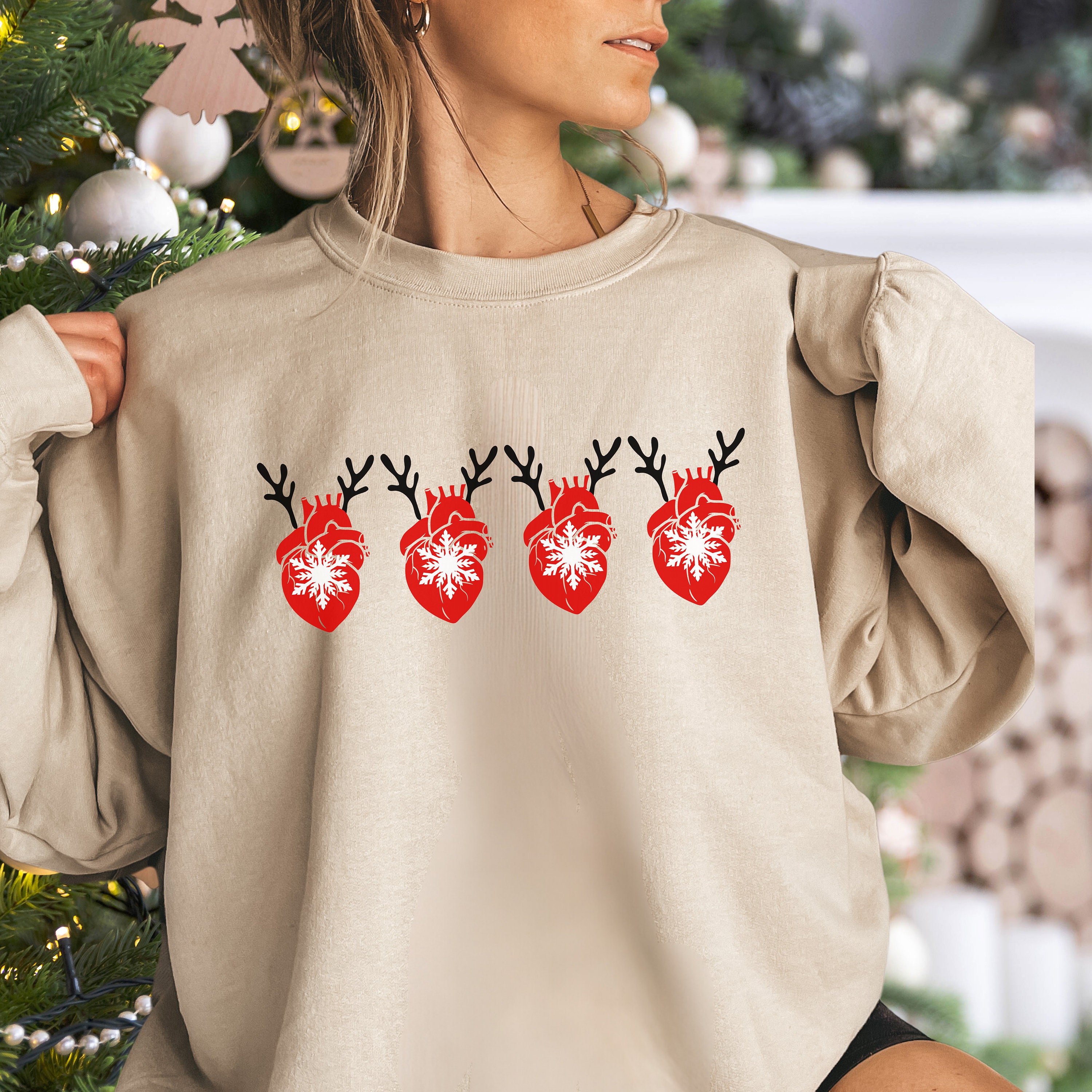 Christmas Nurse Sweatshirt Cardiac Crew Crewneck Antlers Heart Anatomy ...