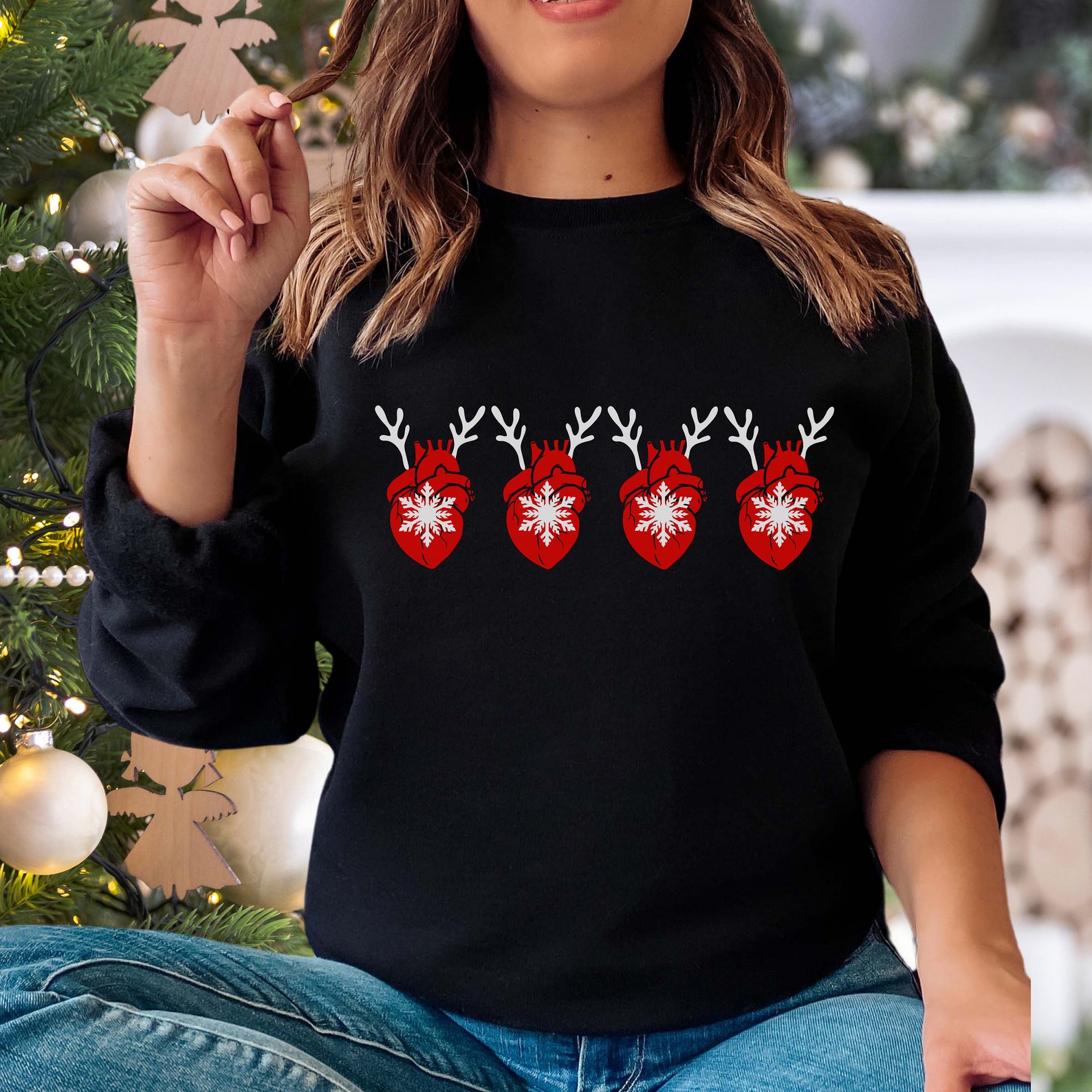 Christmas Nurse Sweatshirt Cardiac Crew Crewneck Antlers Heart Anatomy ...