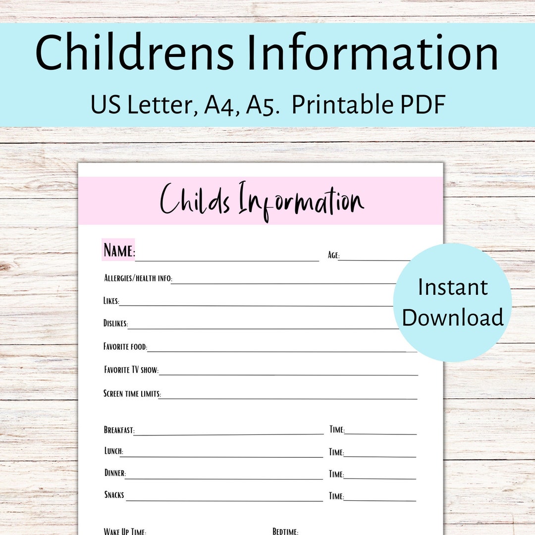 Important Information Sheet, Kids Info Sheet, Child Details Printable ...