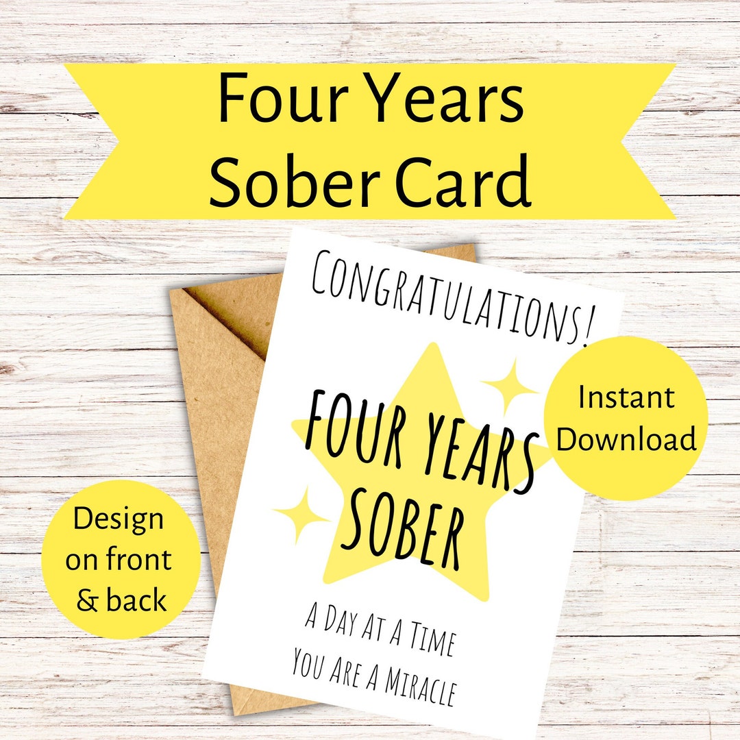 4 Years Sober Card, Four Years Sobriety, Recovery Gift Card, AA 4 Years, Alcoholics Anonymous ...