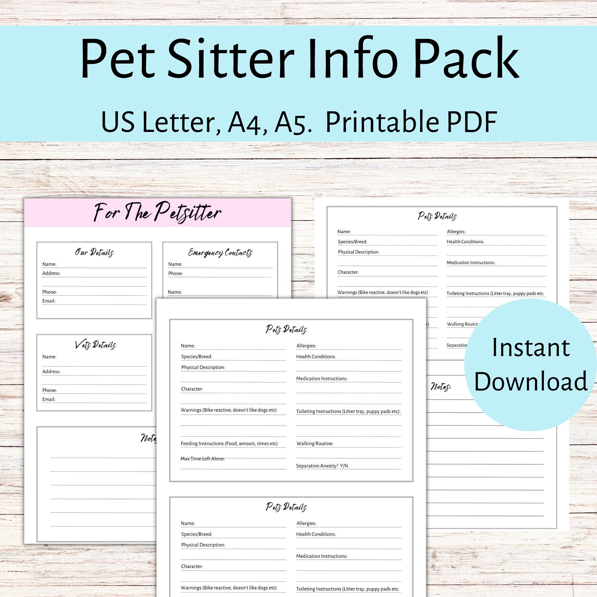 Pet Sitter Notes, Dog Sitter Information, Pet Sitting Forms, Cat Sitter ...