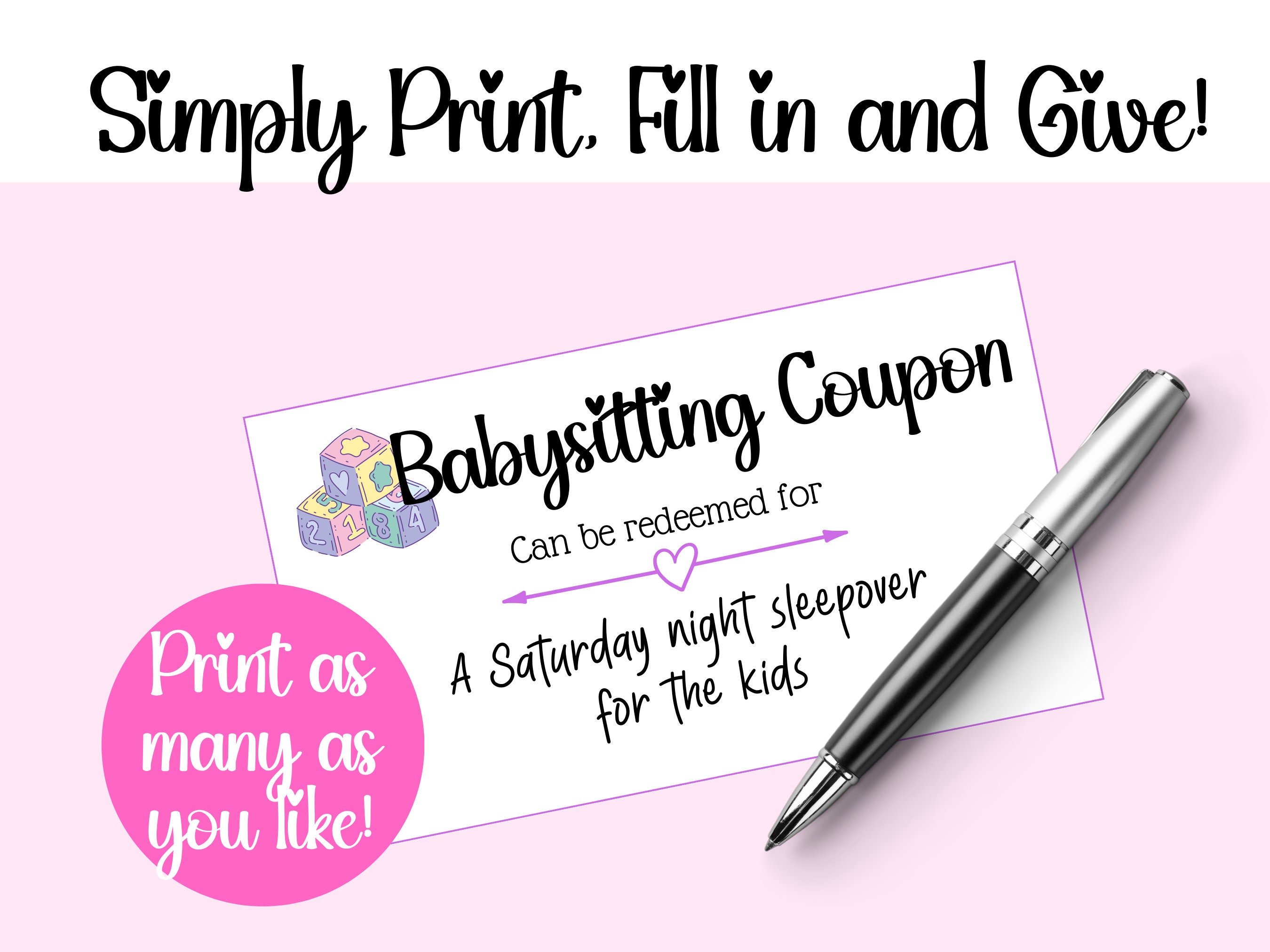 Babysitting Coupons, Vouchers, Gift for Parents, Printable Coupon, Last ...