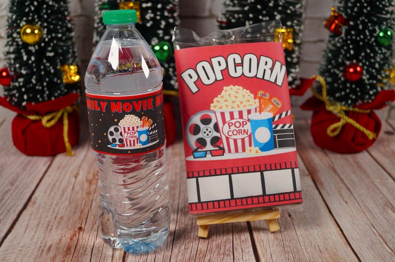 Movie Night Water Bottle and Popcorn Labels: Printable Family Fun ...