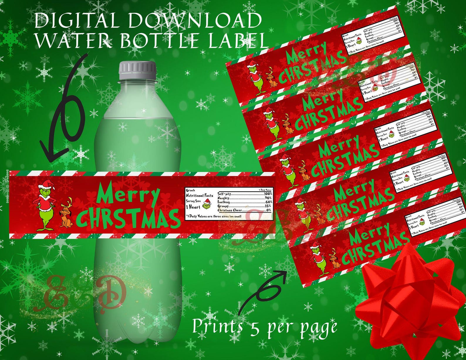 Grinch Christmas Water Bottle Label: Festive Party Decor (digital ...