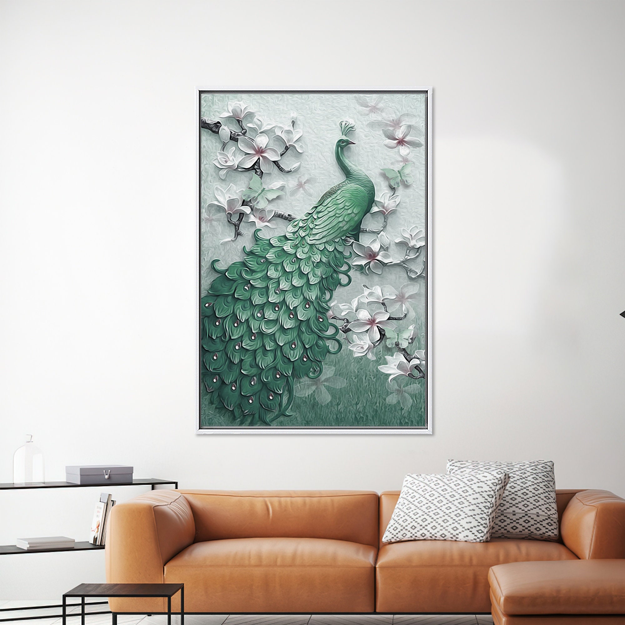Green Peacock Wall Art, Peacock Canvas Art, White Flowers Art, Animal ...