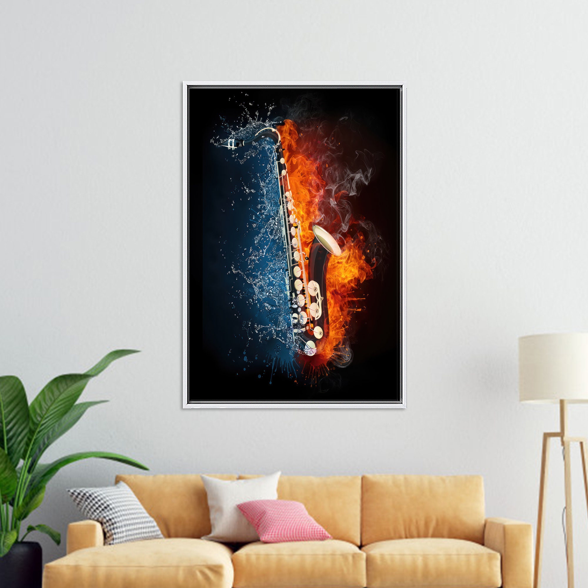 Saxophone in Fire and Water Canvas Art, Jazz Music Art Decor, Jazz ...