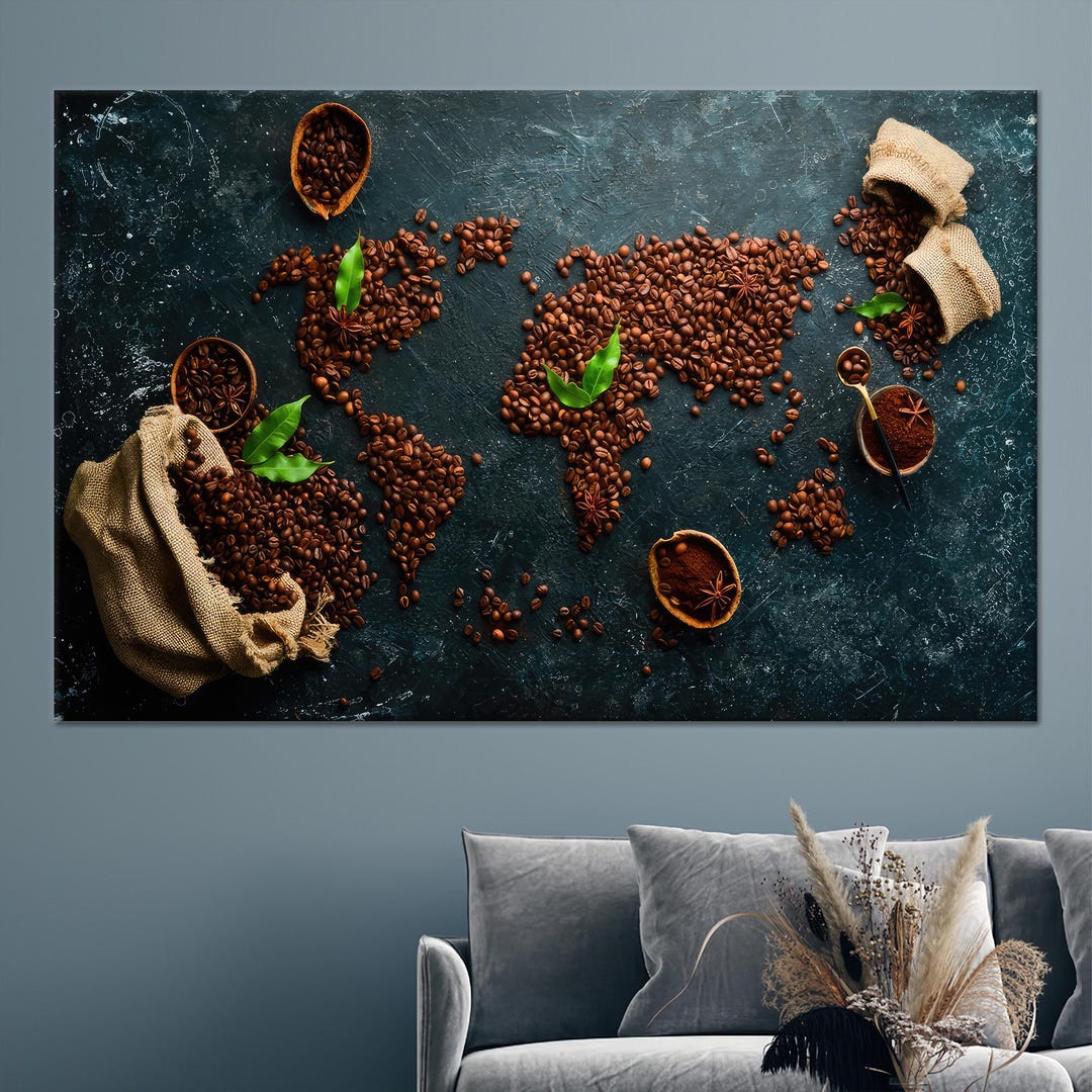 Coffee Map Canvas Art, World Map Decor, Kitchen Decor Art, Coffee Lover ...