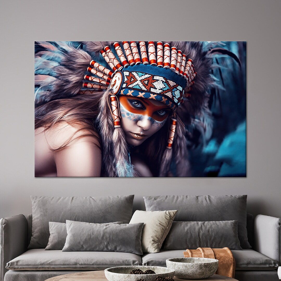 Modern Glass Wall Art, Native American Girl With Headdress 3D Canvas ...