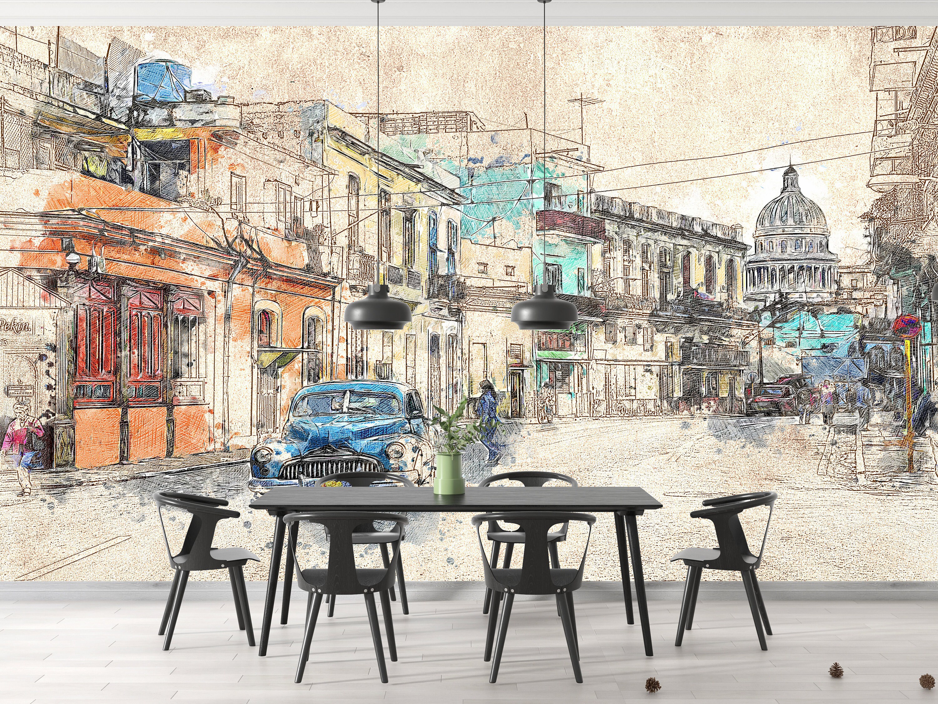 City Street View Wall Mural: Colorful Architecture Drawing - Etsy