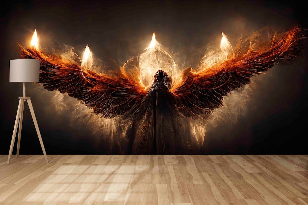 Lucifer With Glowing Fire Wings Wall Stickers, Fallen Angel Mural ...