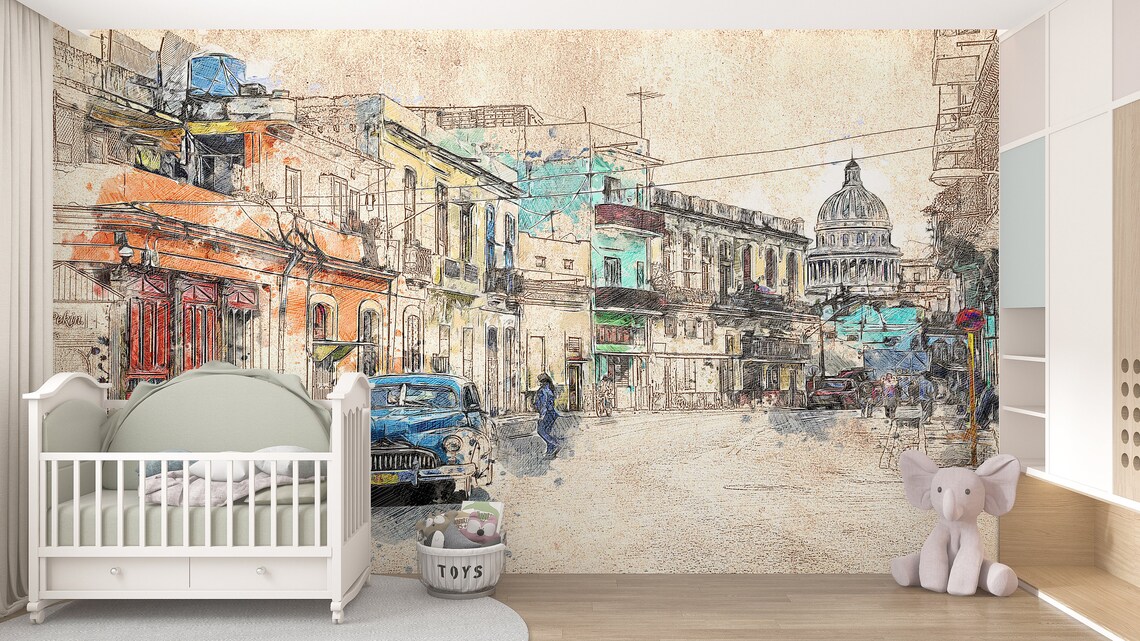 City Street View Wall Mural: Colorful Architecture Drawing - Etsy