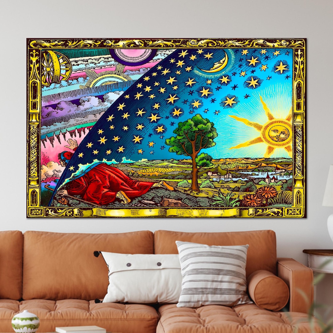 Colorized Flammarion Engraving Canvas Wall Art - Yellow Blue Mystical ...