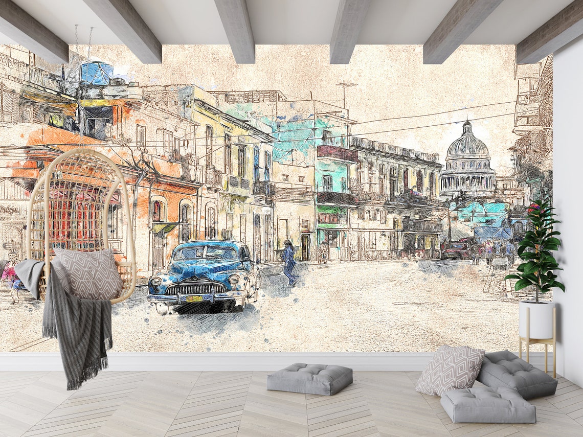 City Street View Wall Mural: Colorful Architecture Drawing - Etsy