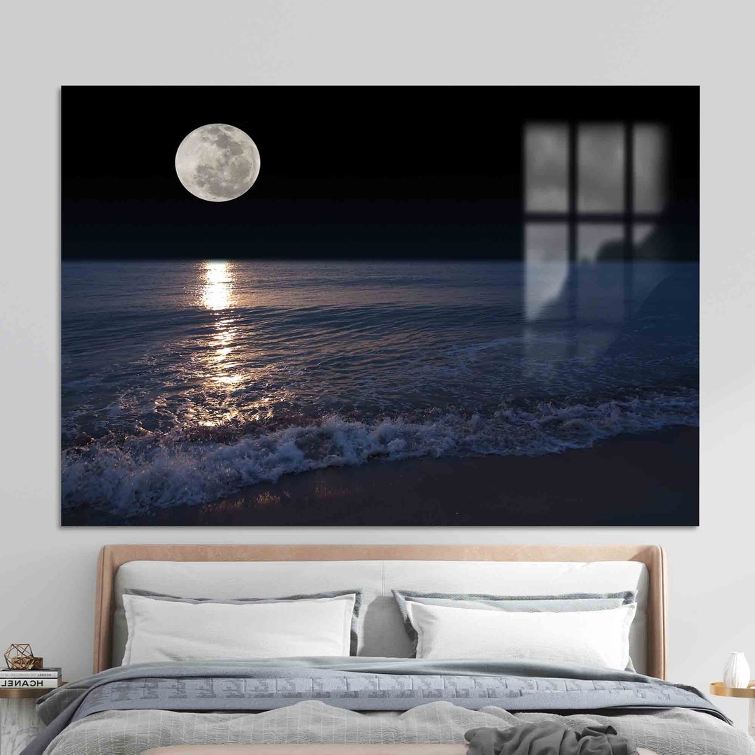 Moonlit Sea Tempered Glass Wall Art: Night Landscape Print - Etsy