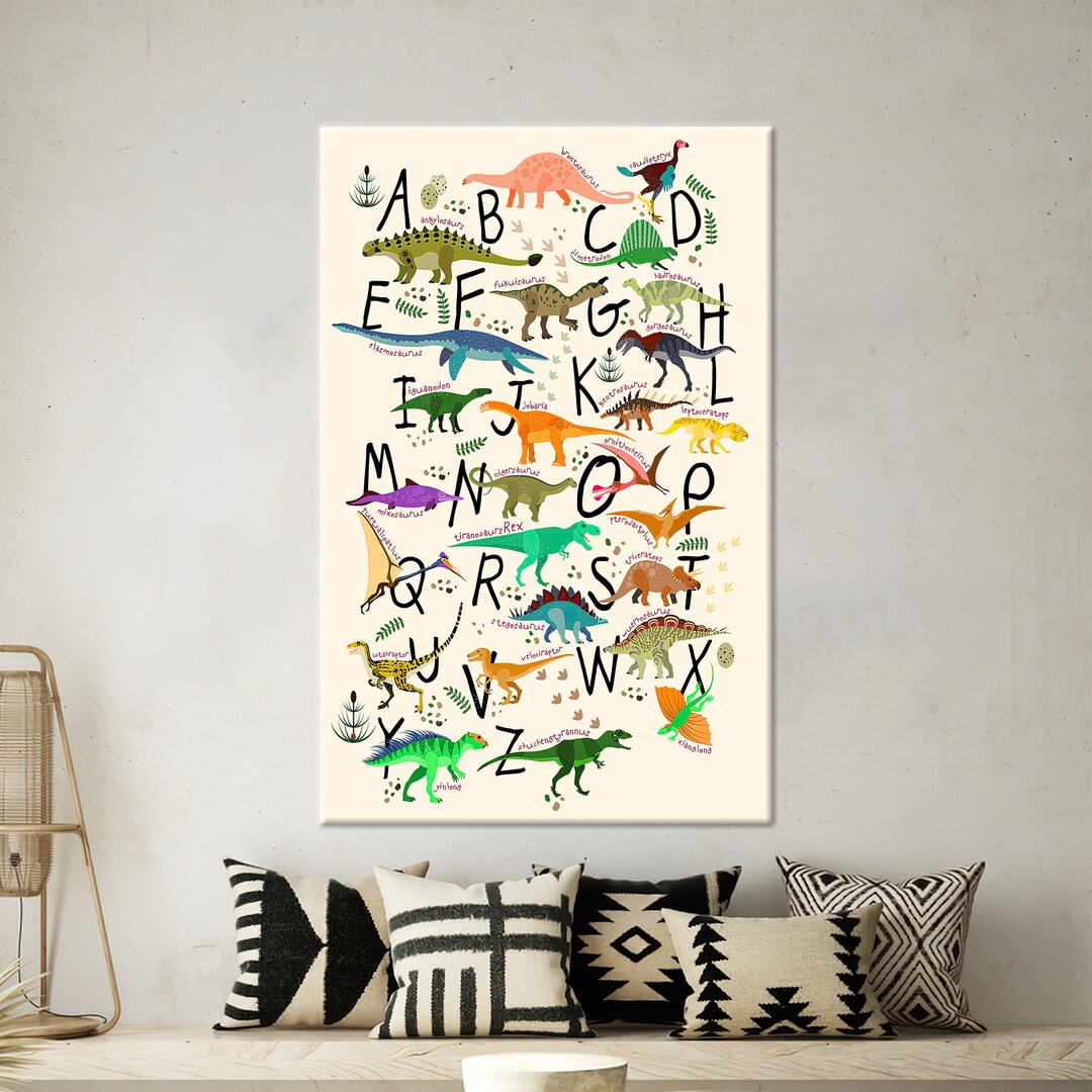Dinosaur Alphabet Wall Art: Kids Room Decor, Canvas or Glass - Etsy