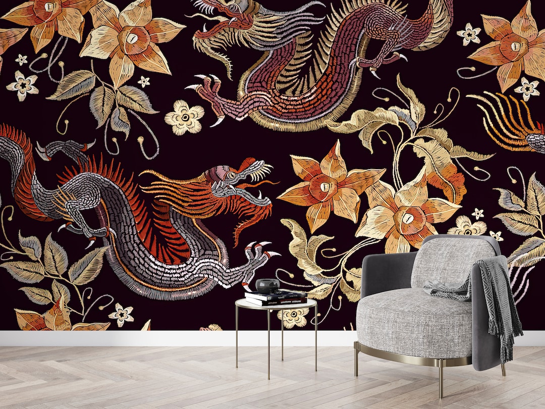 Modern Wall Paper, Dragon Wall Decals, Asian Dragon Pattern Paper Art ...