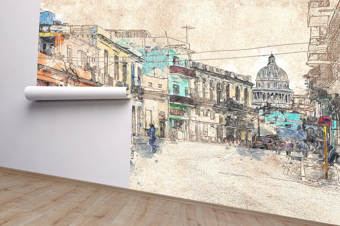 City Street View Wall Mural: Colorful Architecture Drawing - Etsy