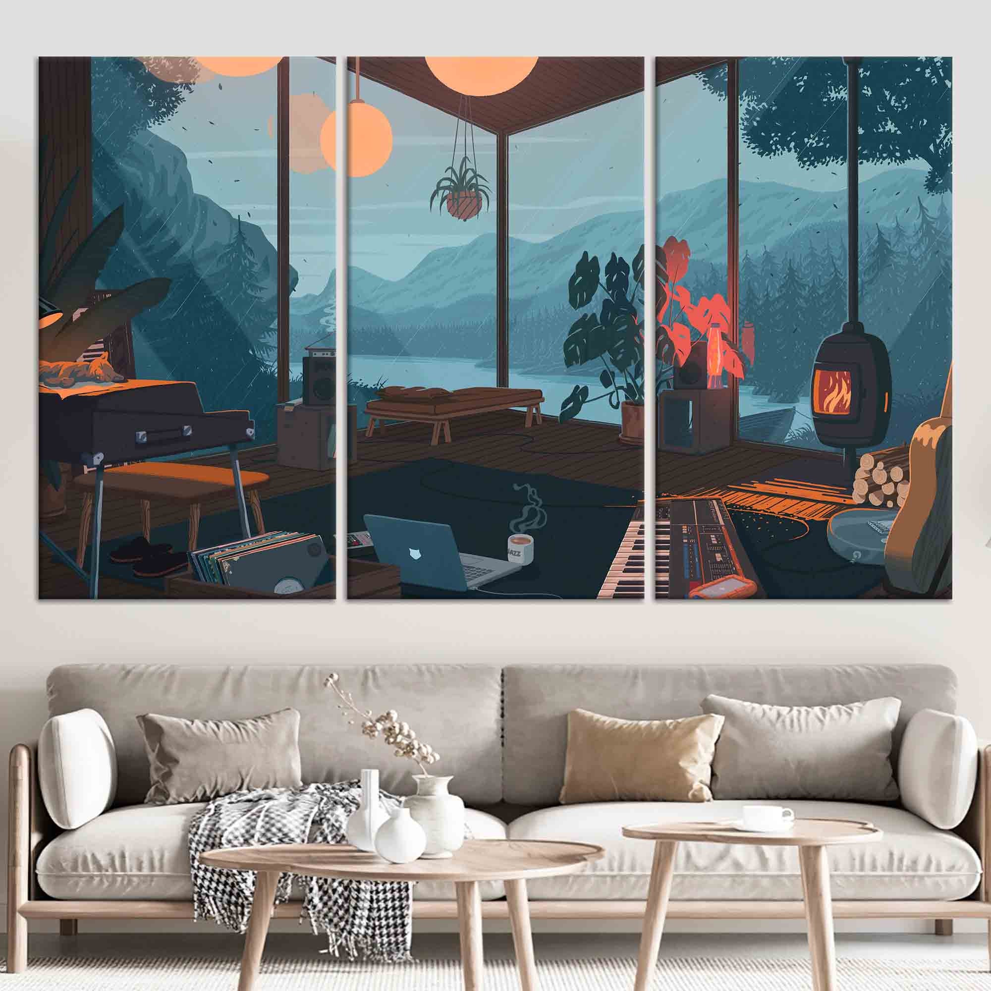 Modern Canvas Print, Lo-fi Style Anime Room Poster, Anime City Glass ...