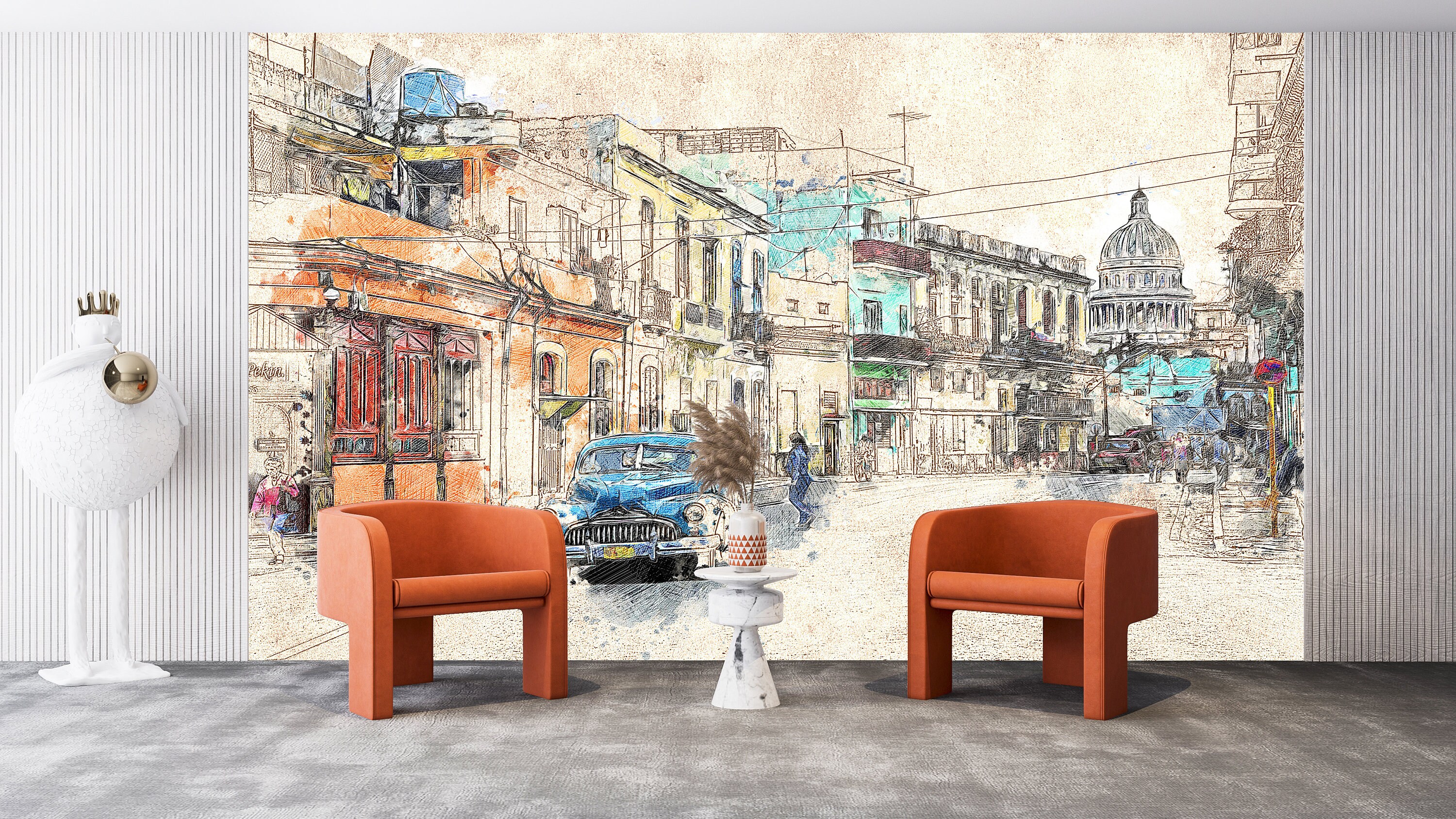 City Street View Wall Mural: Colorful Architecture Drawing - Etsy