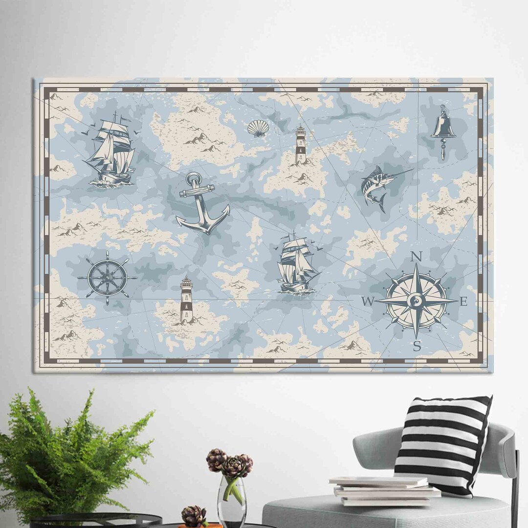 Map Wall Decor, Sea Concept Art, Sea Compass Art, Modern Art, Canvas ...