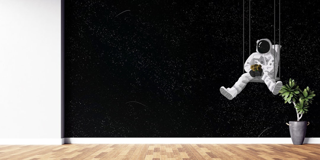 Starry Sky Wall Art, Astronaut Mural, Black Wall Paper, Accent Wall ...