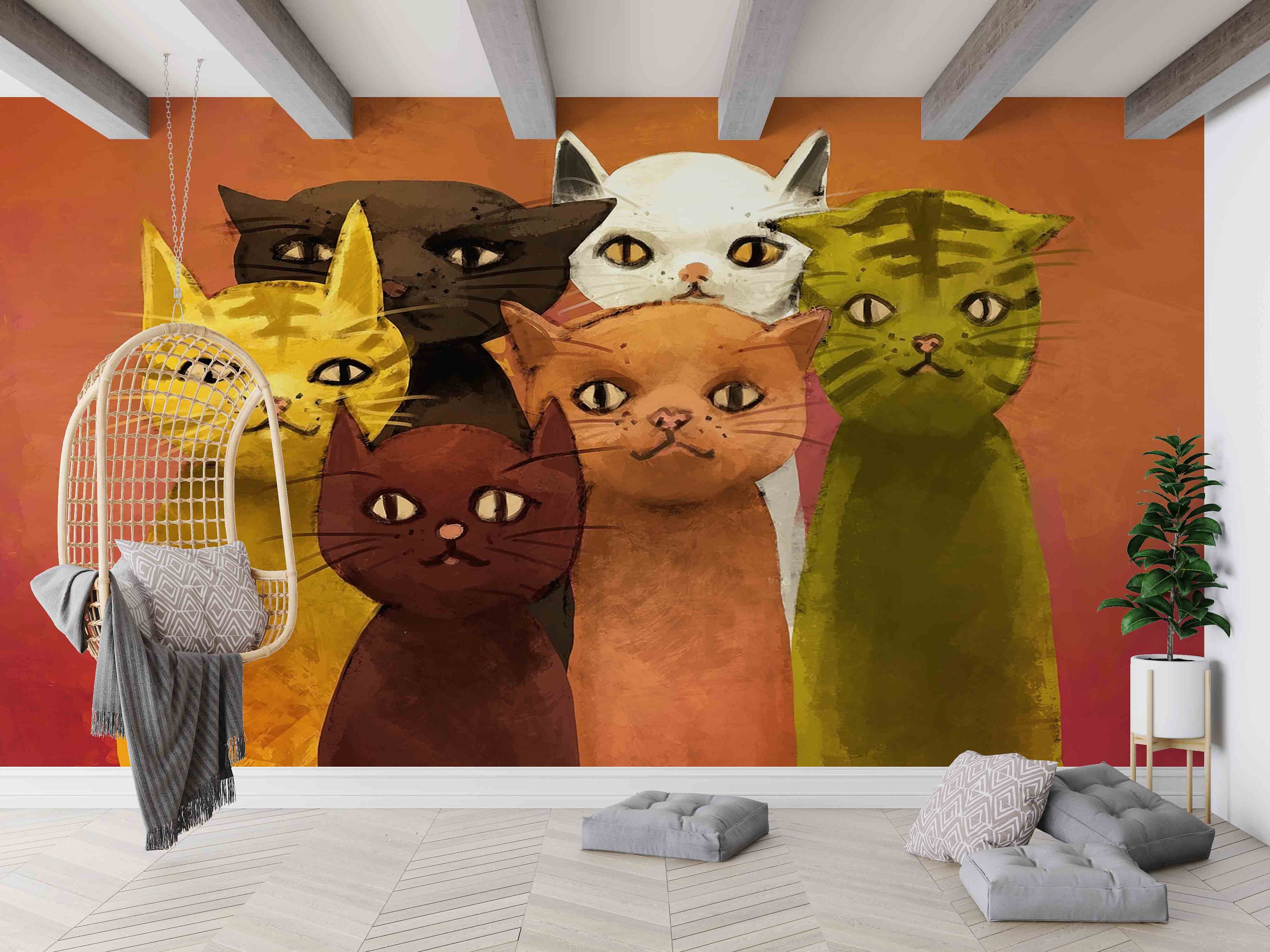 Cats Wall Painting, Six Cats Painting Paper Art, Kids Room Wall ...