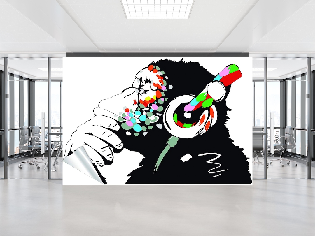 Painting Wall Mural, Banksy Thinking Monkey Wall Paper, Gorilla Wall ...