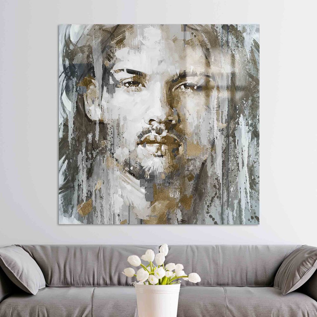Abstract Man Face Glass Wall Art: Gold Canvas Decor - Etsy