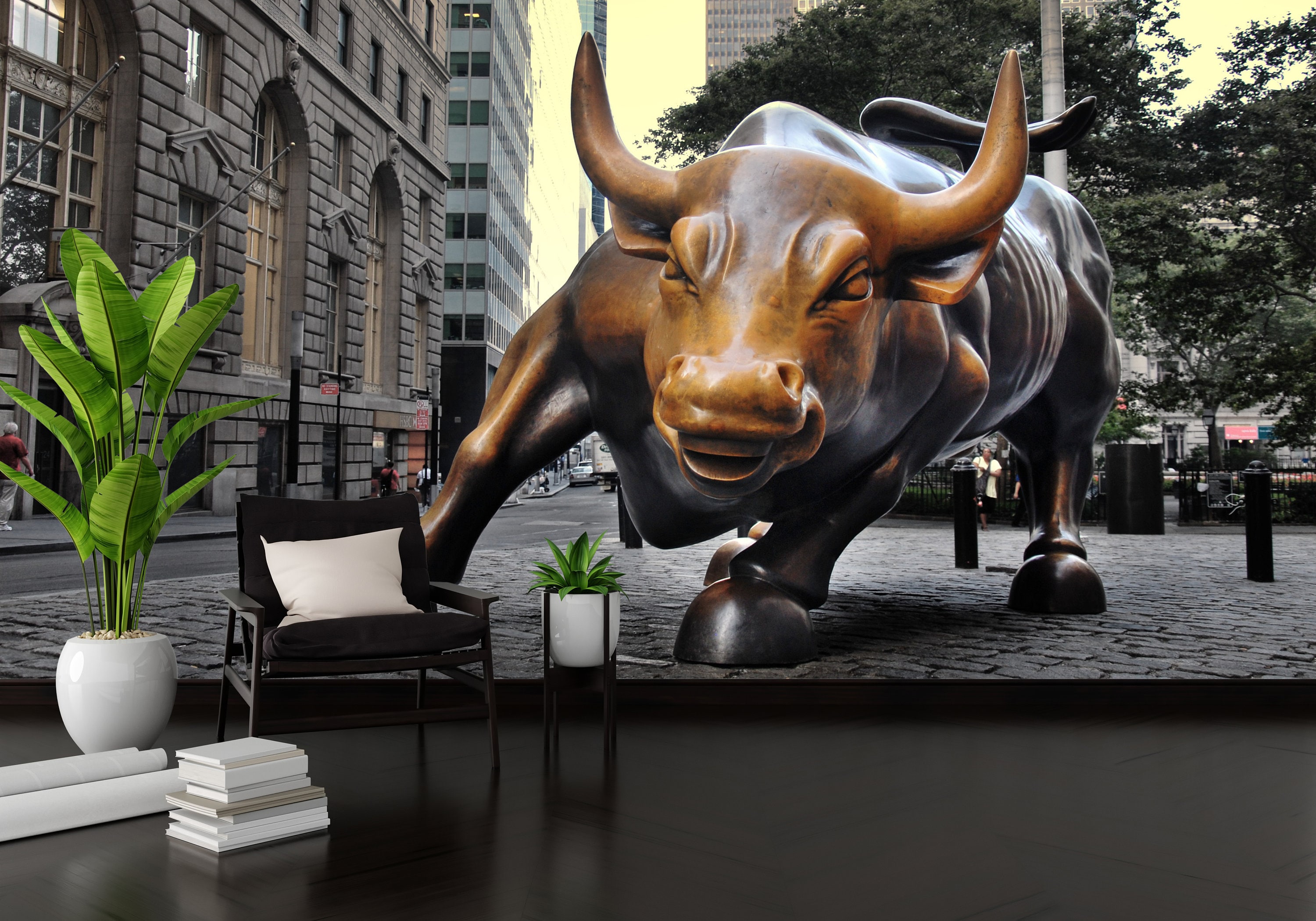 View Wall Mural, New York Bull Sculpture Wall Art, Charging Bull Mural ...