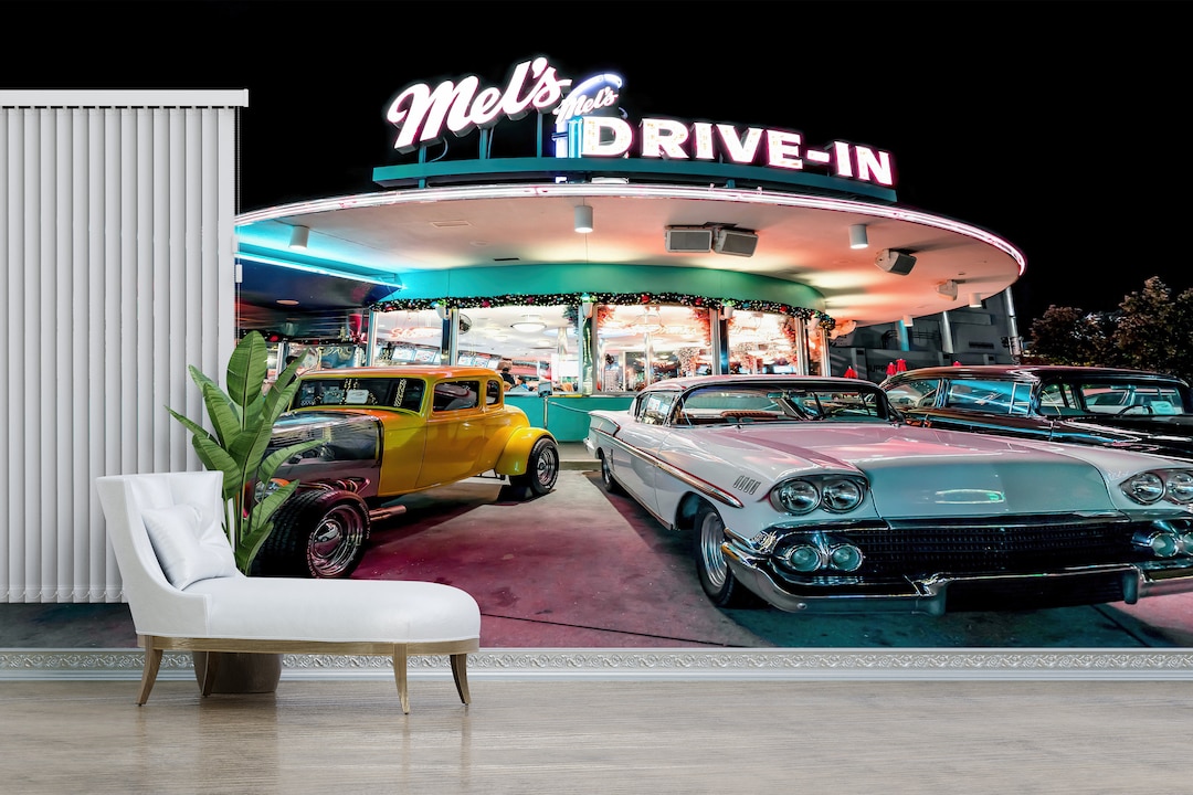 Retro Cars Drive-in Wallpaper: Vintage Scenery Wall Decor - Etsy