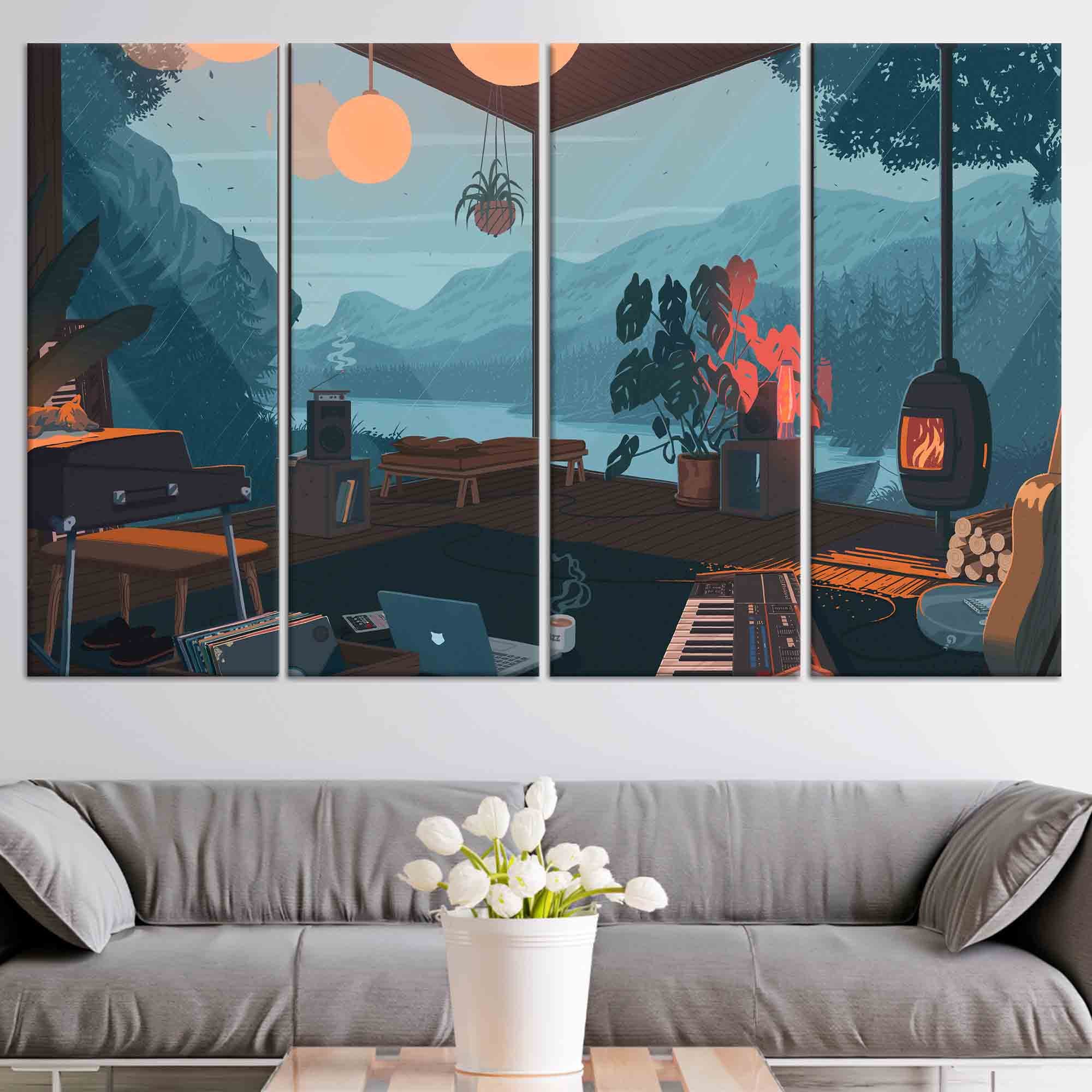 Modern Canvas Print, Lo-fi Style Anime Room Poster, Anime City Glass ...