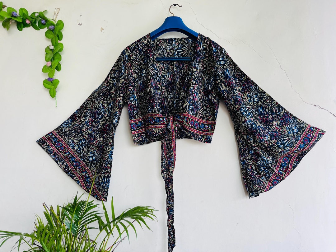 Silk Sari Crop Top: Recycled 70s Flared Sleeve Tie Top - Etsy
